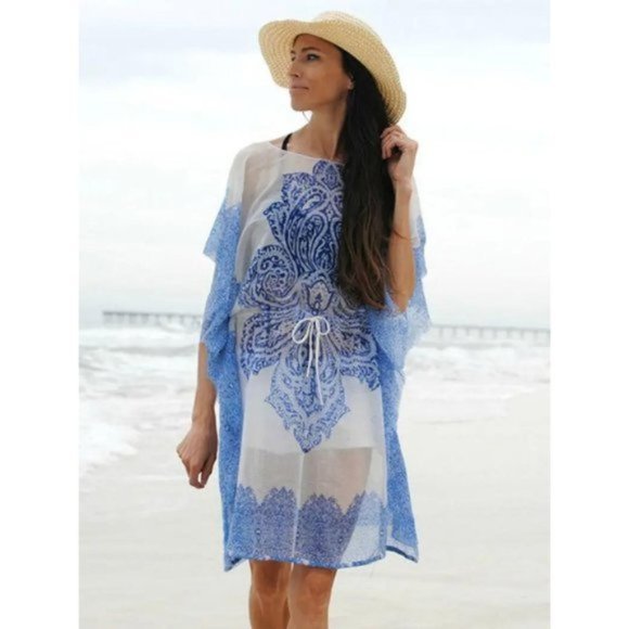 Swim | Boho Beach Cover Up Tribal Pattern Swim Dress Sheer Blue And ...